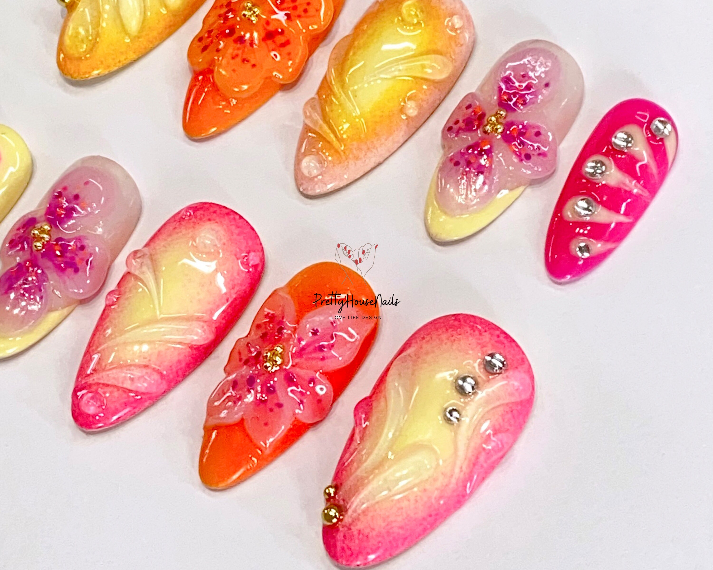 Custom Colorful Flower Nail Set, Sunset Tropical Flower Press on Nails ...