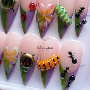3D Garden Bug Press on Nails, Handmade Nature-inspired Nail Art With ...