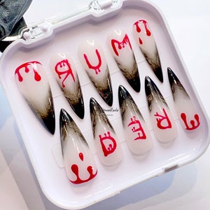 Red Rum Press on Nails, Hand-painted Red Blood Nail Set, Hazy Smoke ...