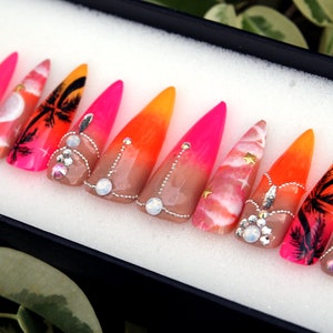 Coconut Tree Press on Nails, Rainbow Floral Glue on Nails, Crystal ...