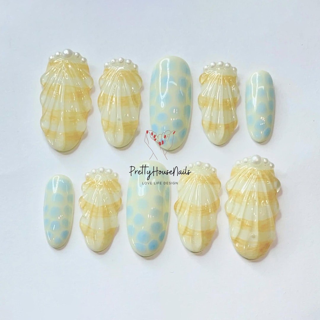 Custom Ocean Inspired Seashell Oval Press on Nails, Fake Nails, Summer ...