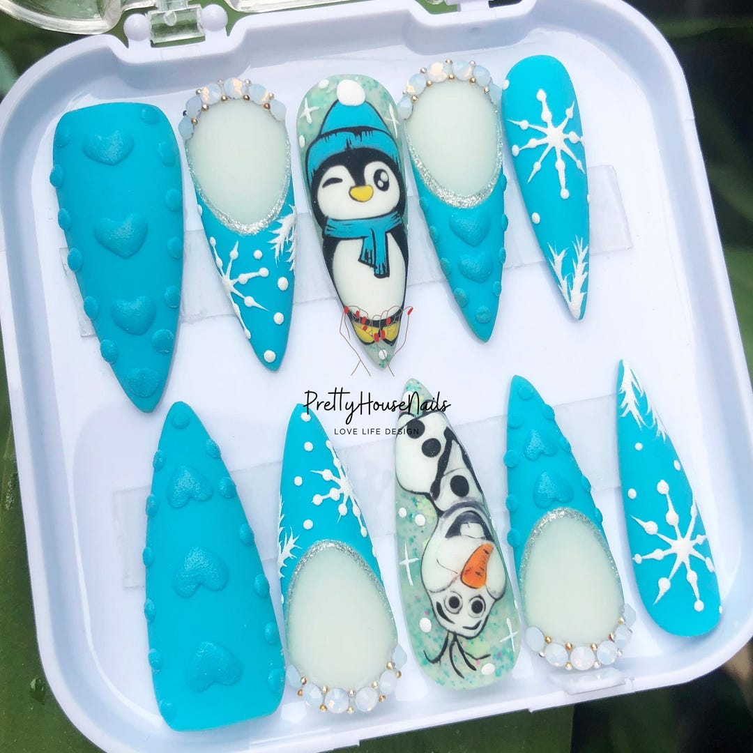 3D Olaf and Baby Penguin Press on Nails, Hand-painted Christmas Long ...