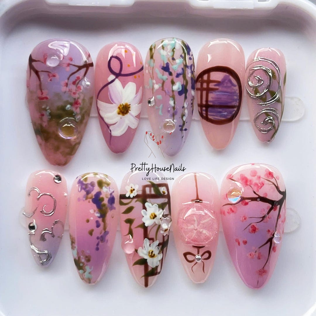 Chinese Nail Art Inspired Press on Nails, Almond Nail With Cherry ...