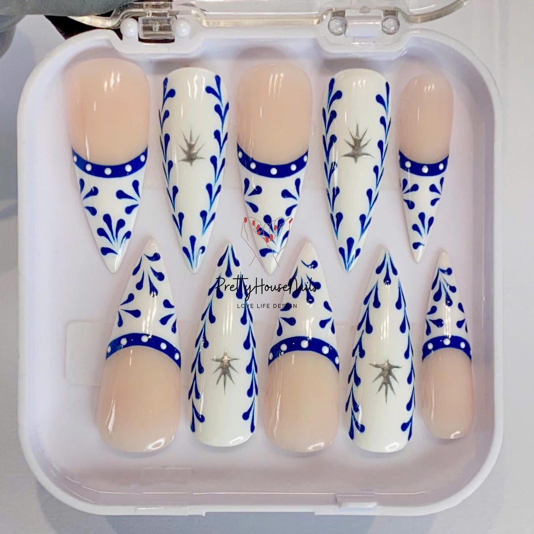 Porcelain Blue Tiles, Unique Motifs Press on Nails, Elegant French Tip ...
