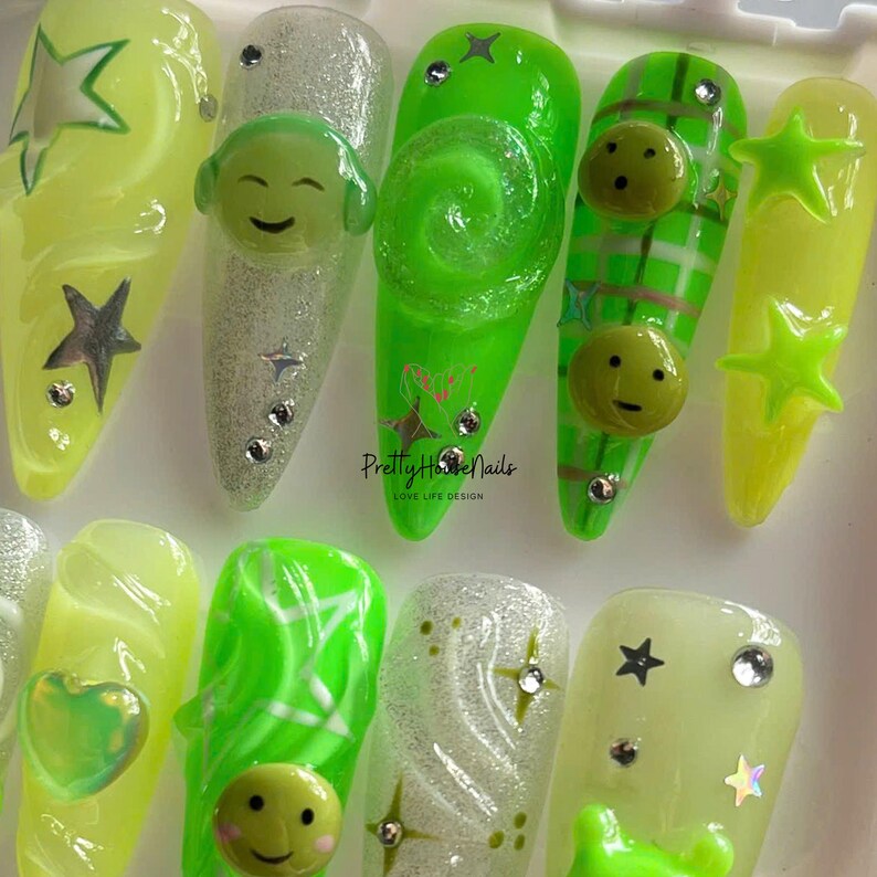 Neon Green Smiski Press on Nails, Kawaii Smiski Theme Fun & Playful ...