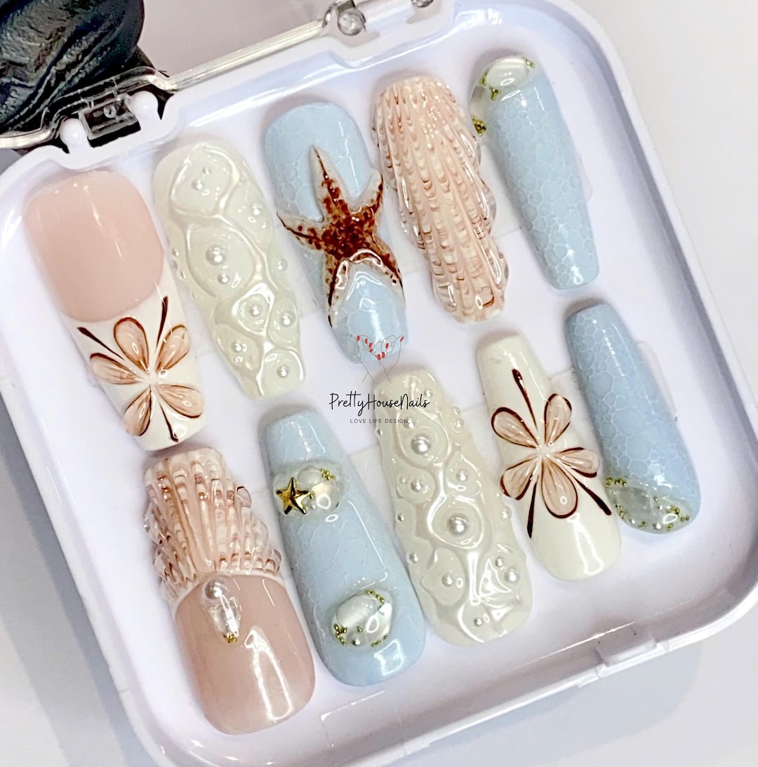 Custom Tropical Beach 3D Press on Nails, Ocean-inspired Designs, Fake ...