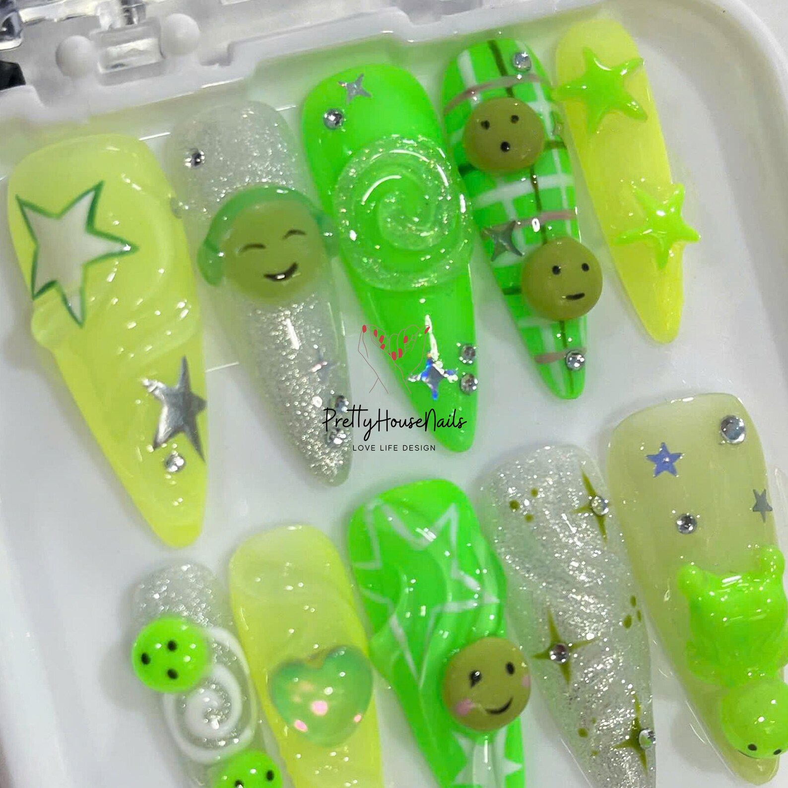 Neon Green Smiski Press on Nails, Kawaii Smiski Theme Fun & Playful ...