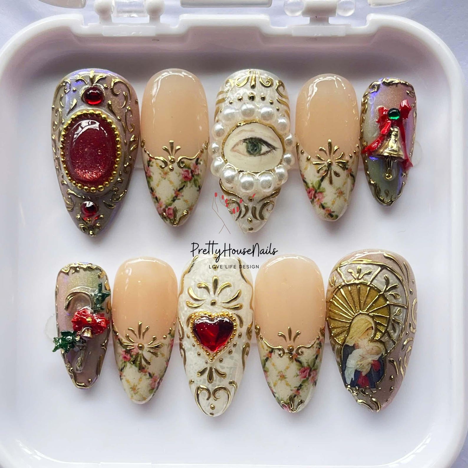 Handmade Vintage Baroque Press on Nails, Almond Nail Set With Pearl Eye ...
