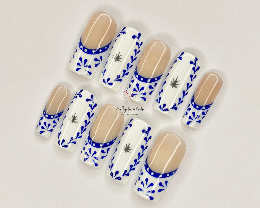 Porcelain Blue Tiles, Unique Motifs Press on Nails, Elegant French Tip ...