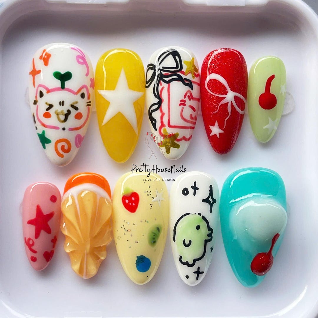 Lovely Cat Theme Press on Nails, Cartoon Design Nail Art, Fake Nail for ...