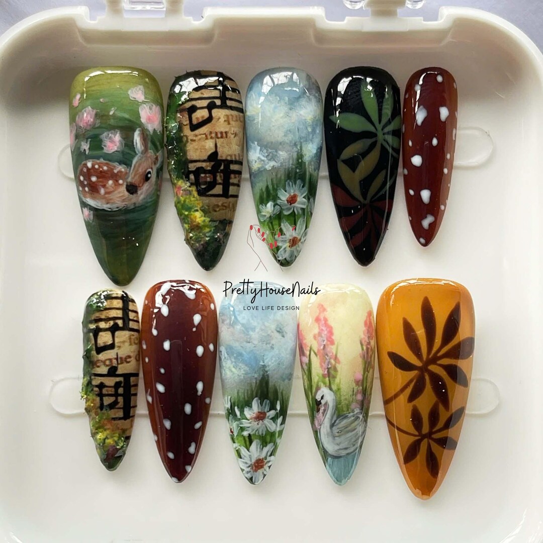 Hand Painted Nature Press on Nails, Long Almond Nail Set With Swan and ...