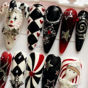 Handmade Harlequin Clown Press on Nails, Red and Black Long Stiletto ...