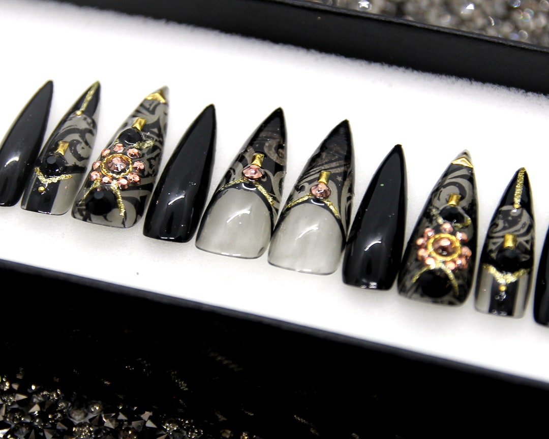 Pyramid Floral Glue on Nails, Custom Long Stiletto Press on Nails, Fake ...