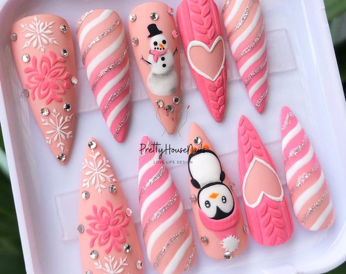 Matte Velvet Pink Christmas Press on Nails, Handcrafted Long Stiletto ...