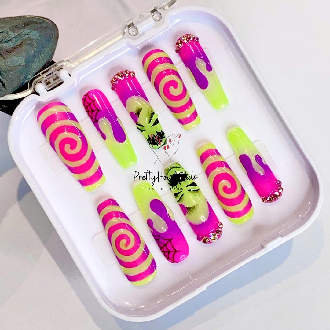 Neon Green Oogie Boogie Press on Nails, 3D Jelly Hand-painted Nail Set ...