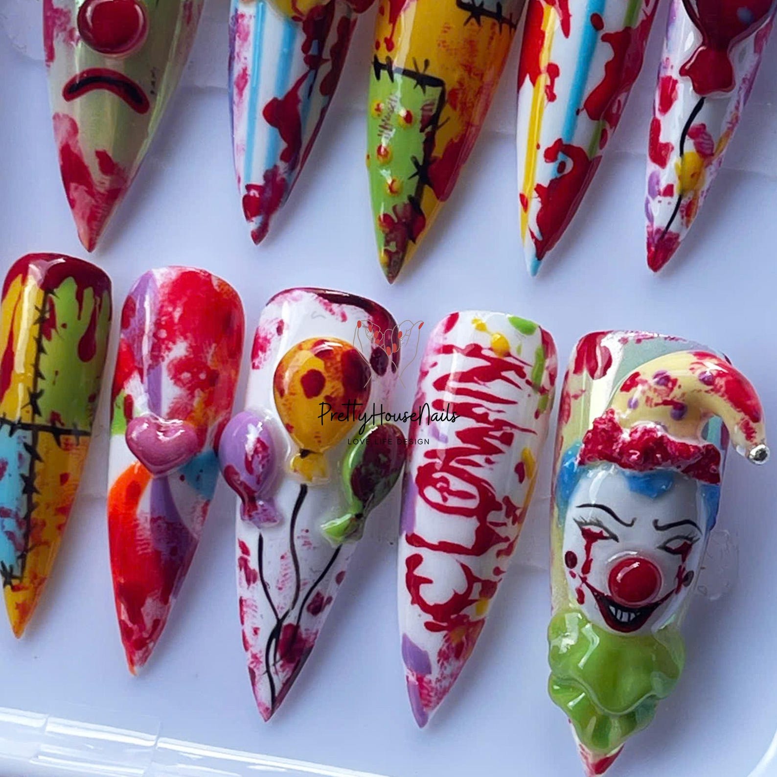 Custom Circus Horror Halloween Press on Nails, Long Stiletto Nails ...