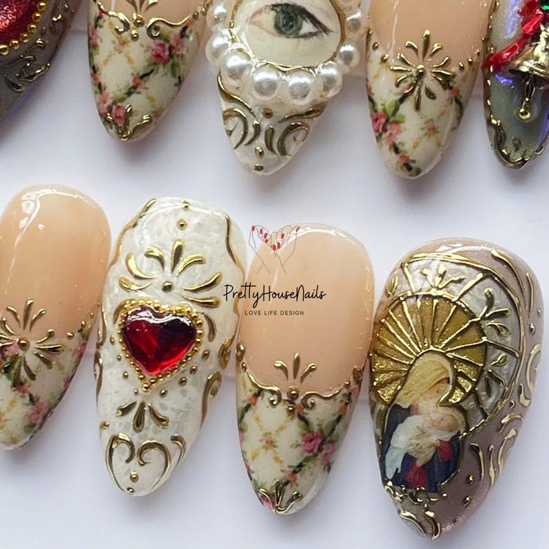 Handmade Vintage Baroque Press on Nails, Almond Nail Set With Pearl Eye ...