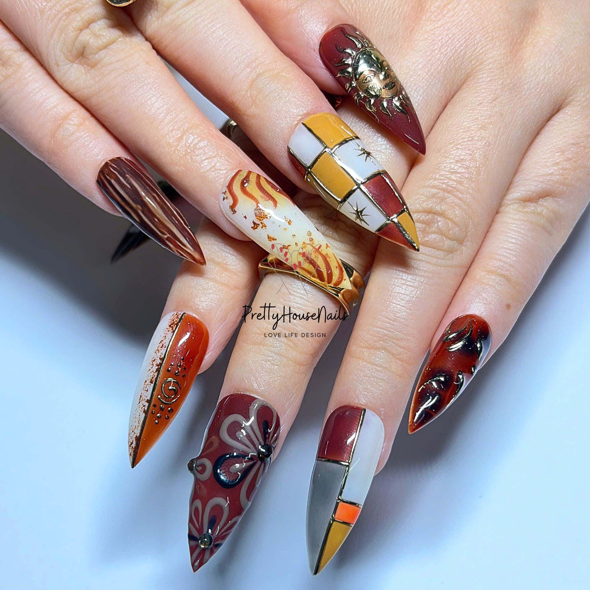 Luxury Flower Press On Nails Handmade Medium Almond Brown Nude Fall