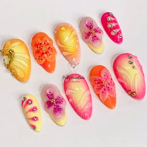 Custom Colorful Flower Nail Set, Sunset Tropical Flower Press on Nails ...