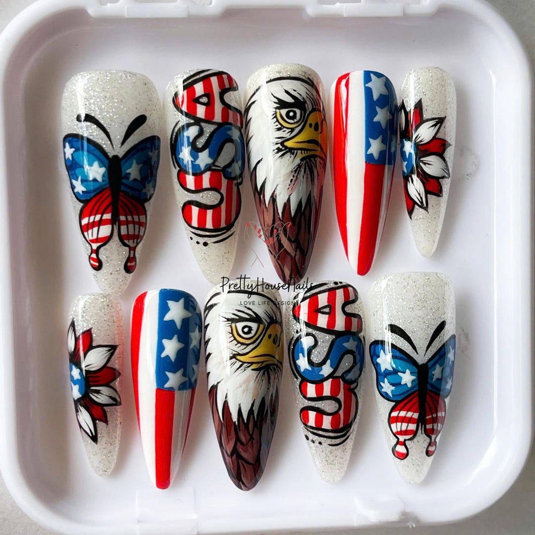 Patriotic USA Press on Nails, Handmade Red White Blue Nail Art ...