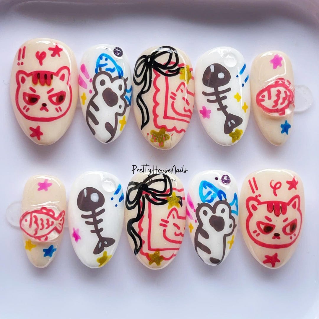 Cute 3D Cartoon Press-on Nails, Handcrafted Kawaii Nails With Fun 3D ...