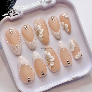 Floral French Tips Press on Nails, Luxury Handcrafted Bridal Nail Set ...