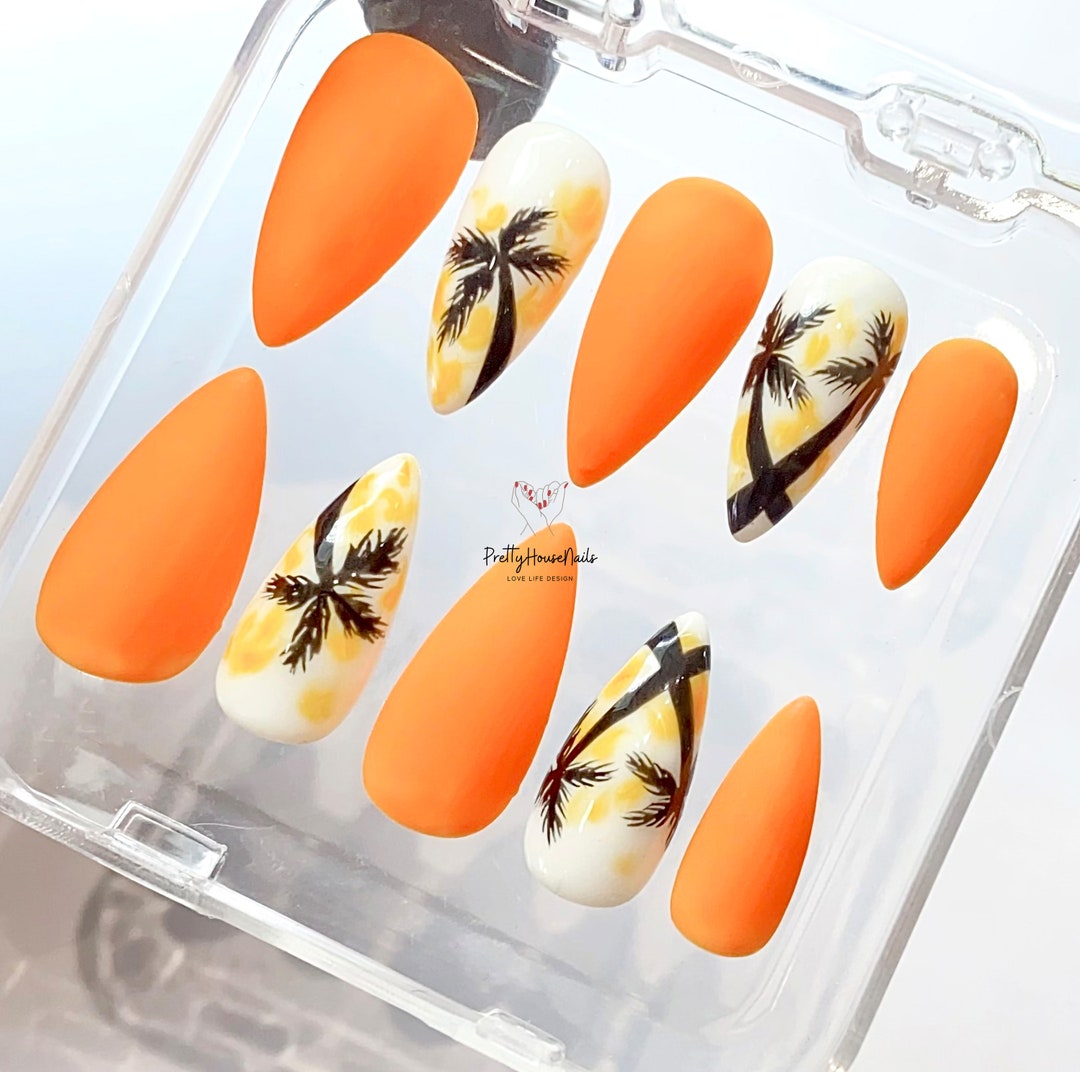 Summer Inspired Press on Nails, Short Stiletto Nail Set, Hand-painted ...