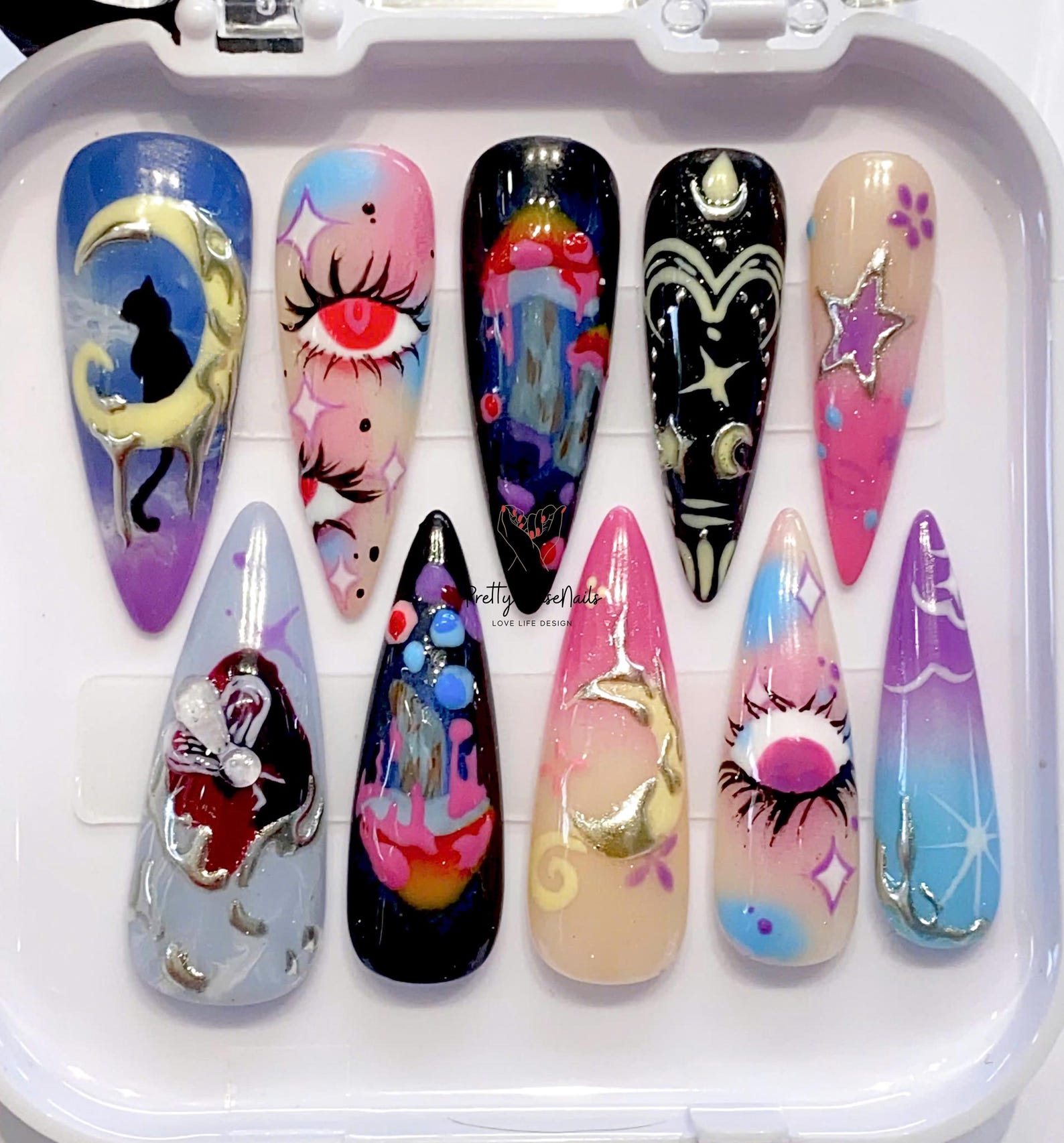 Strange Night Long Stiletto Press on Nails, Stunning Acubi-style Nails ...