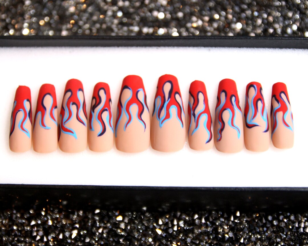 Magic Fire Press on Nails, Carnival Glue on Nails, Long Coffin Nails ...