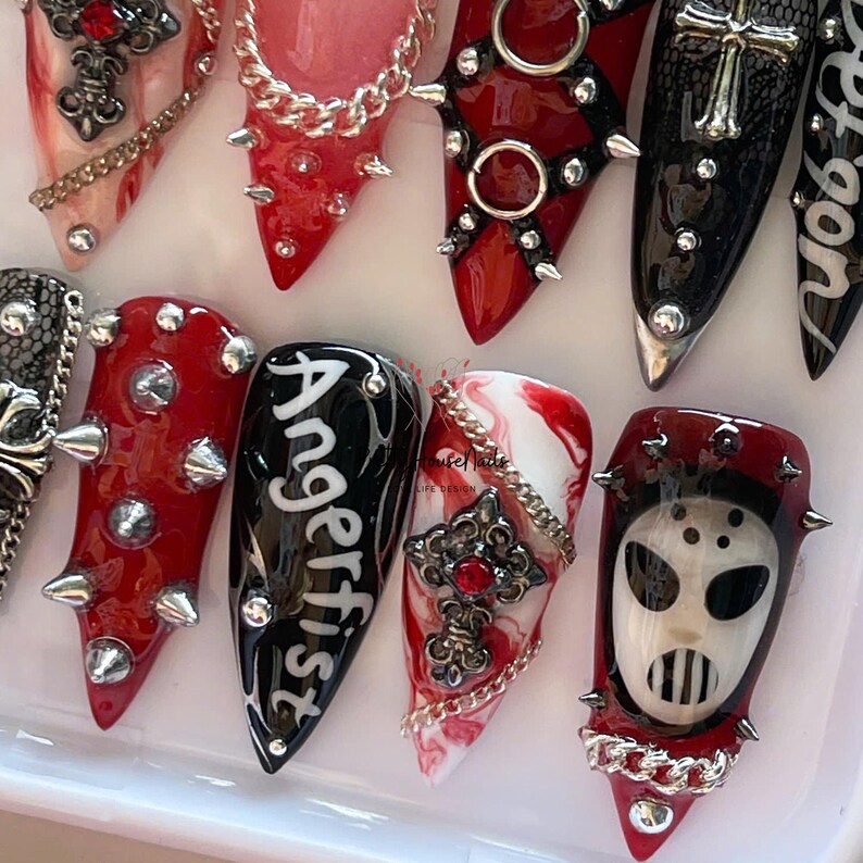 Gothic Punk Press on Nails, Red Black Spiked Stiletto Nail Set With ...