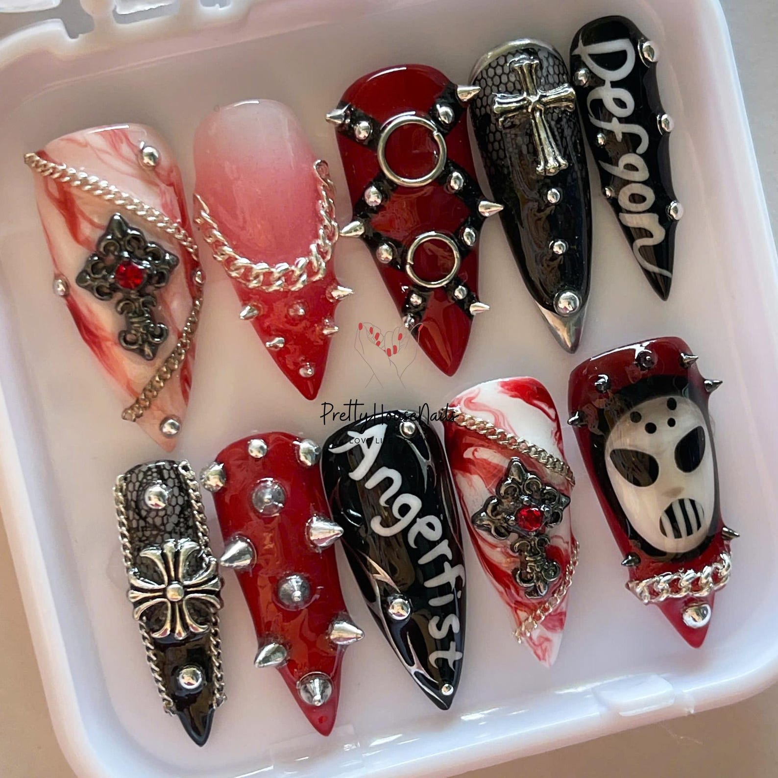 Gothic Punk Press on Nails, Red Black Spiked Stiletto Nail Set With ...