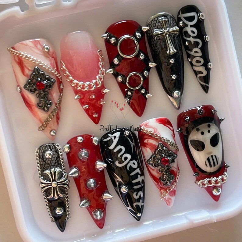 Gothic Punk Press on Nails, Red Black Spiked Stiletto Nail Set With ...
