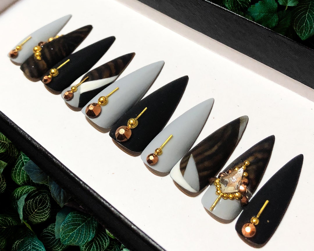 Luxury Handpainted Nails Set, Long Stiletto Nails, Acrylic Nails, Press ...