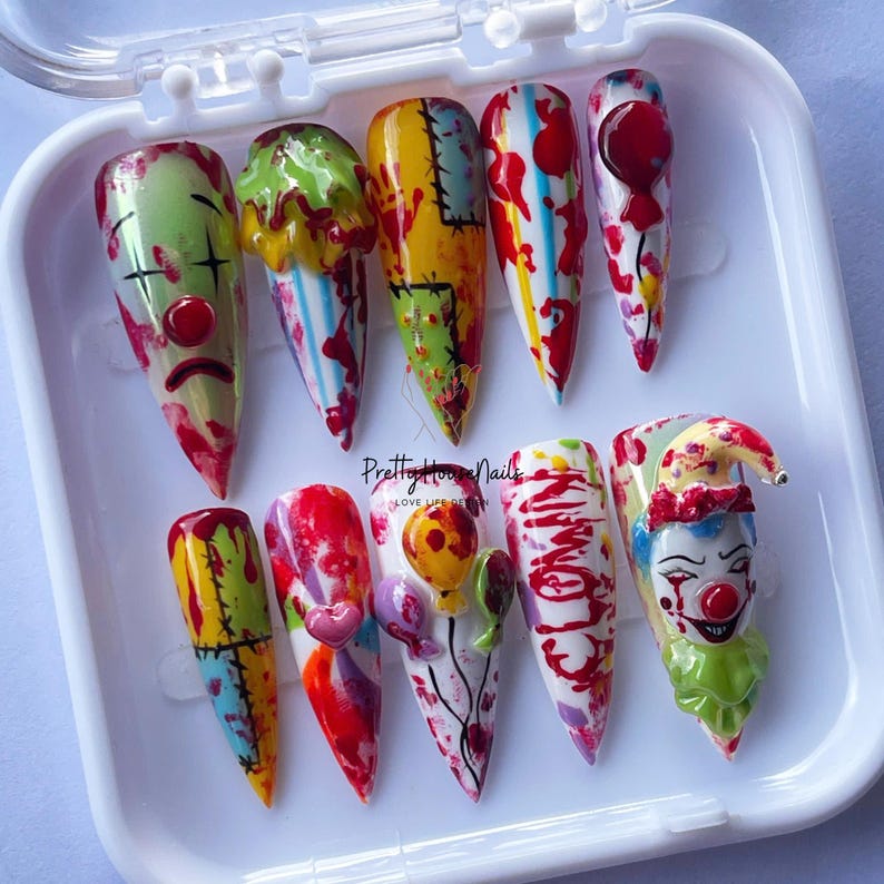 Custom Circus Horror Halloween Press on Nails, Long Stiletto Nails ...
