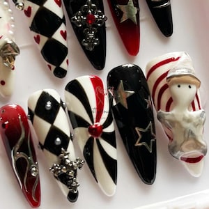 Handmade Harlequin Clown Press on Nails, Red and Black Long Stiletto ...