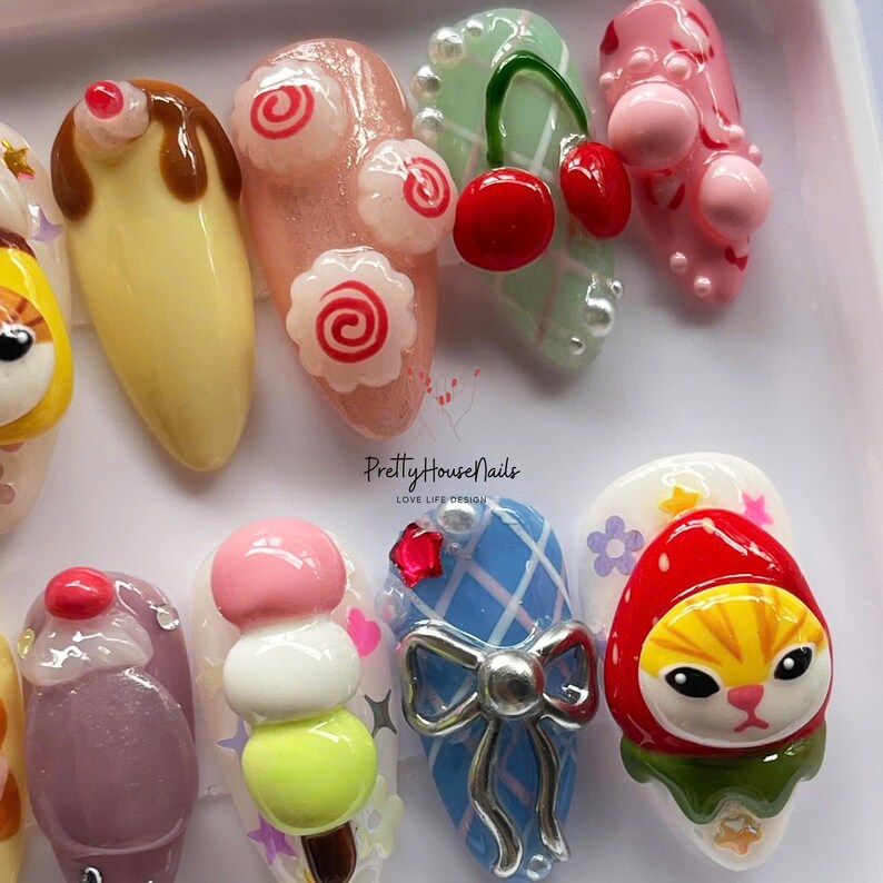 Kawaii Cat Press on Nails, 3D Handmade Cute Cartoon Nails, Sweet ...