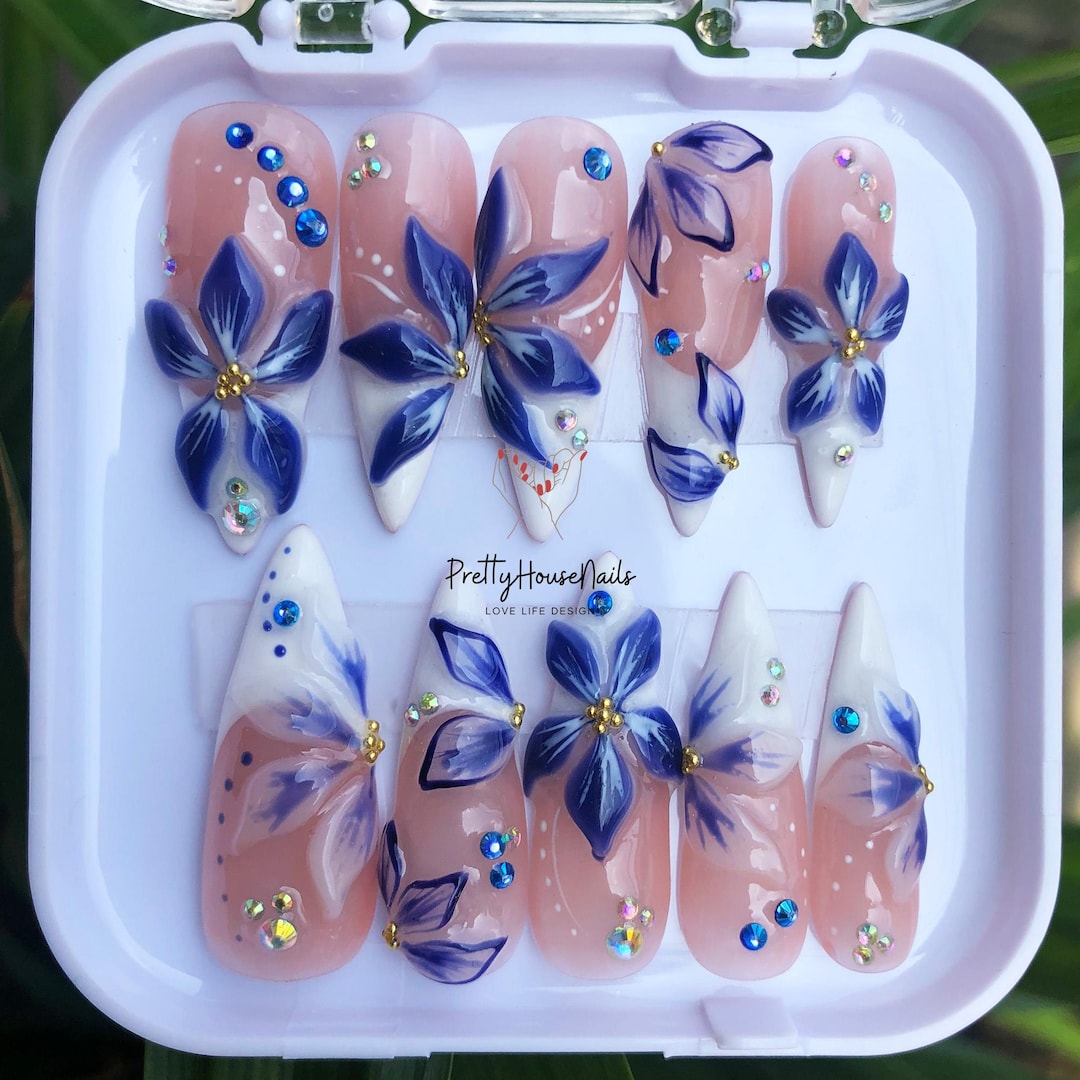 Fresh Floral Long Stiletto Nail Set, Blue Orchid Flower Press on Nails ...