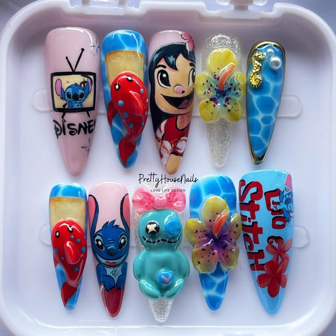 Lilo & Stitch Press on Nails, Hand-painted 3D Cartoon Nail Art, Cute ...