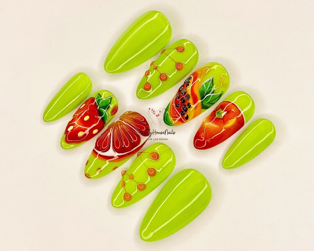 Colorful Fruit Paradise Press on Nails Summer Holiday Fake Nails Fresh ...