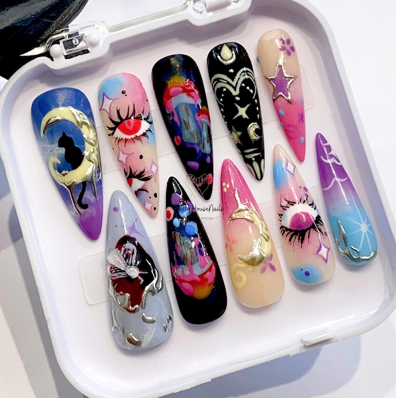 Strange Night Long Stiletto Press on Nails, Stunning Acubi-style Nails ...