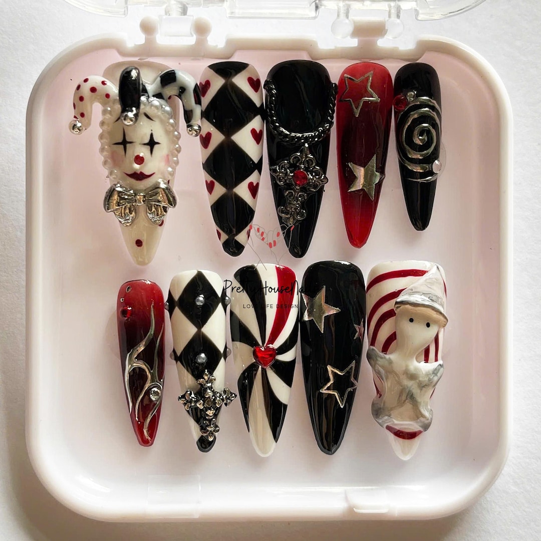 Handmade Harlequin Clown Press on Nails, Red and Black Long Stiletto ...