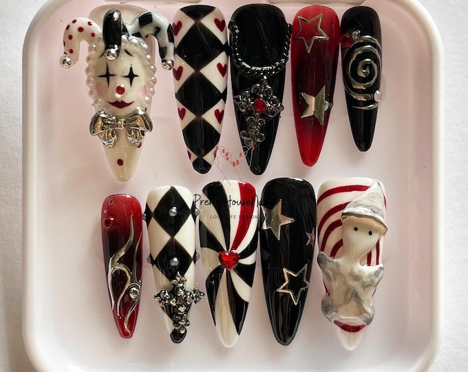 Handmade Harlequin Clown Press on Nails, Red and Black Long Stiletto ...