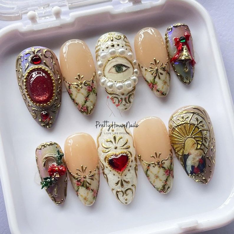 Handmade Vintage Baroque Press on Nails, Almond Nail Set With Pearl Eye ...