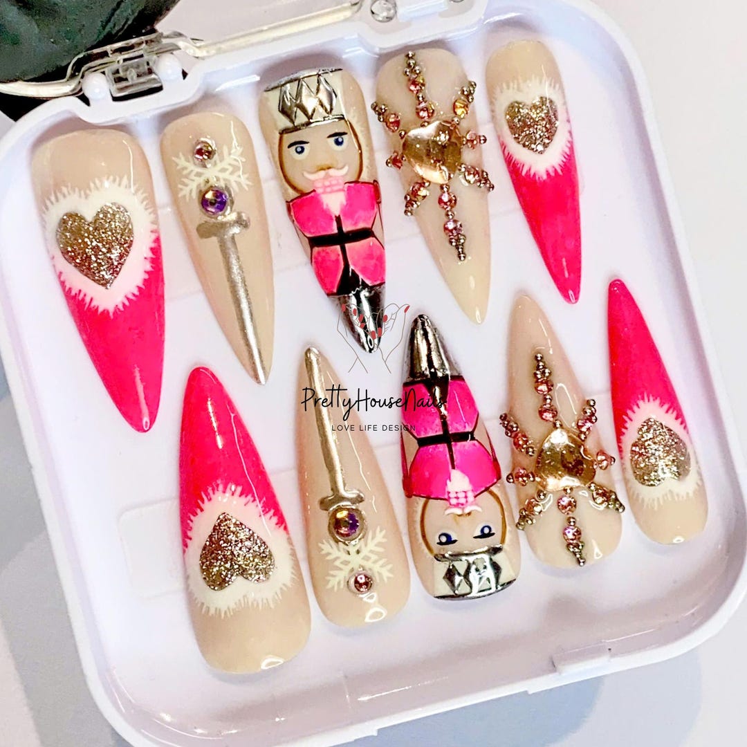 Love Christmas Press on Nails, White Snowflake Nails Art, Pink Nutcracker Press On, Look Fresh ...