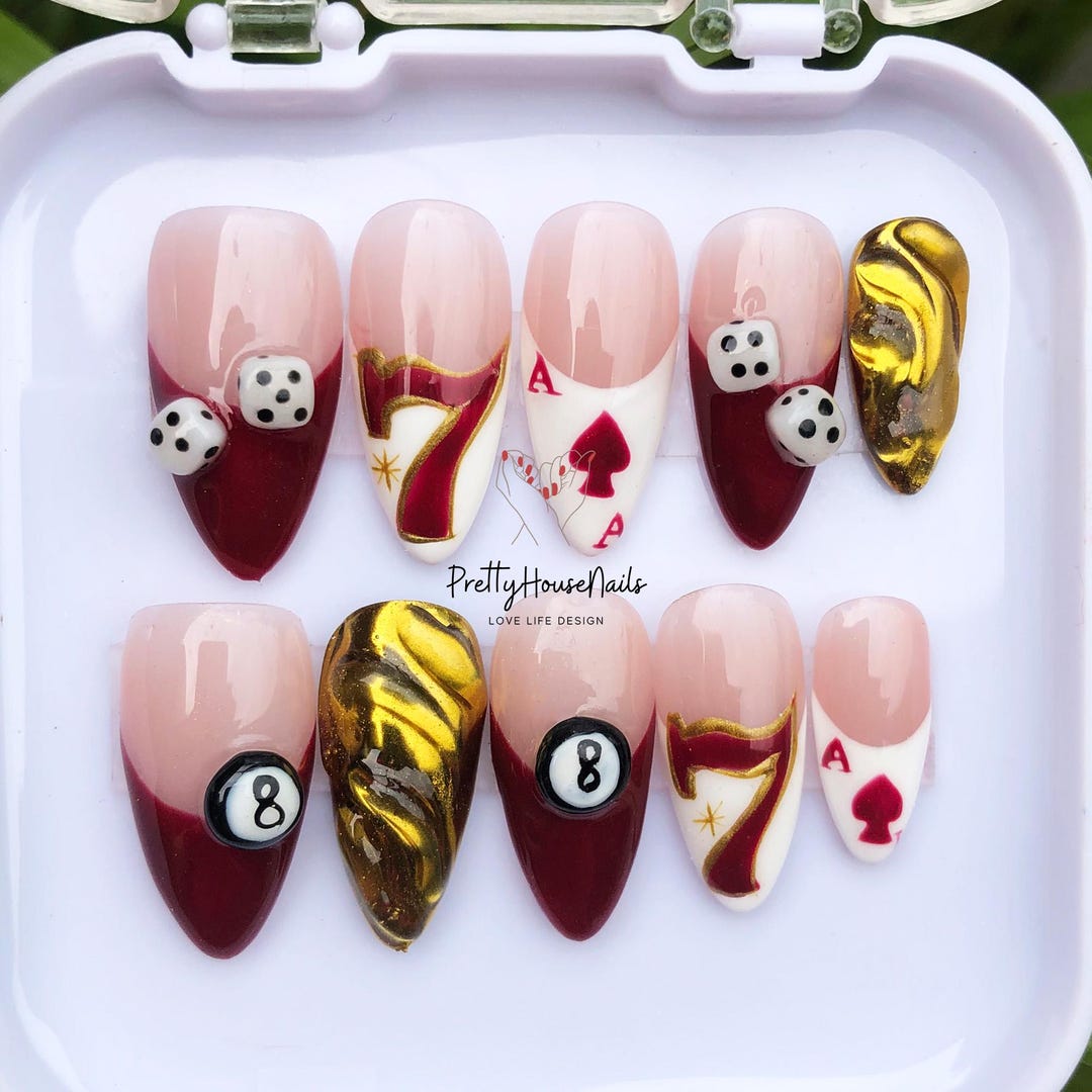 Lucky Number 8 Ball Press on Nail, 3D Dice, Custom Poker Almond Nail ...