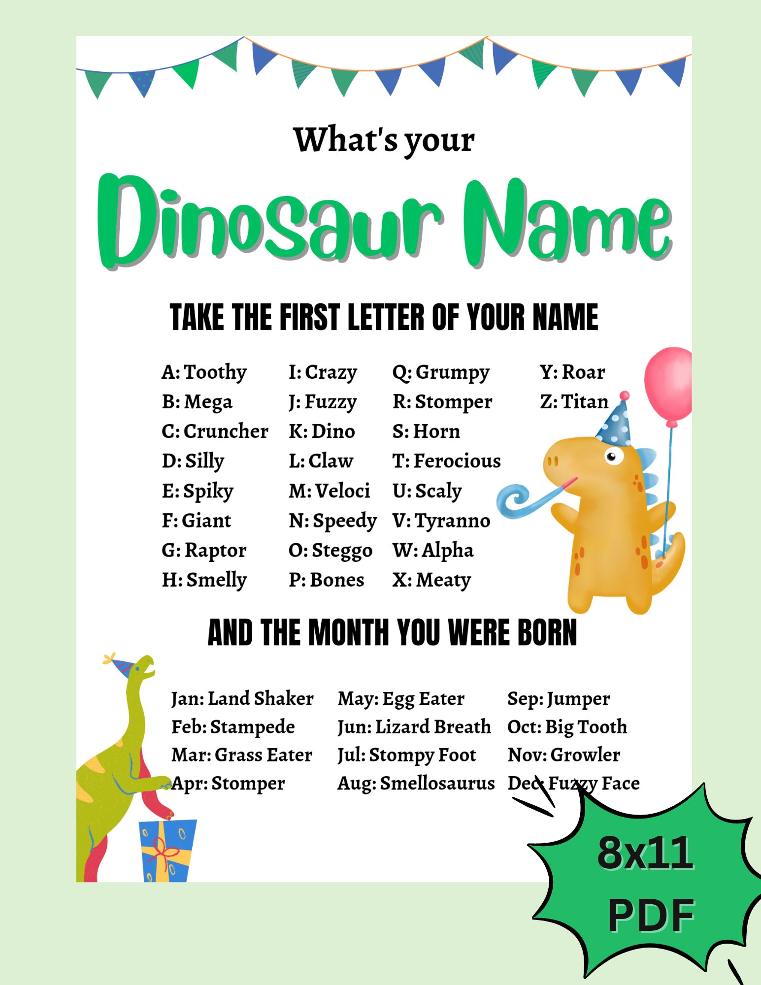 Whats Your Dinosaur Name Printable Party Sign PDF Instant - Etsy