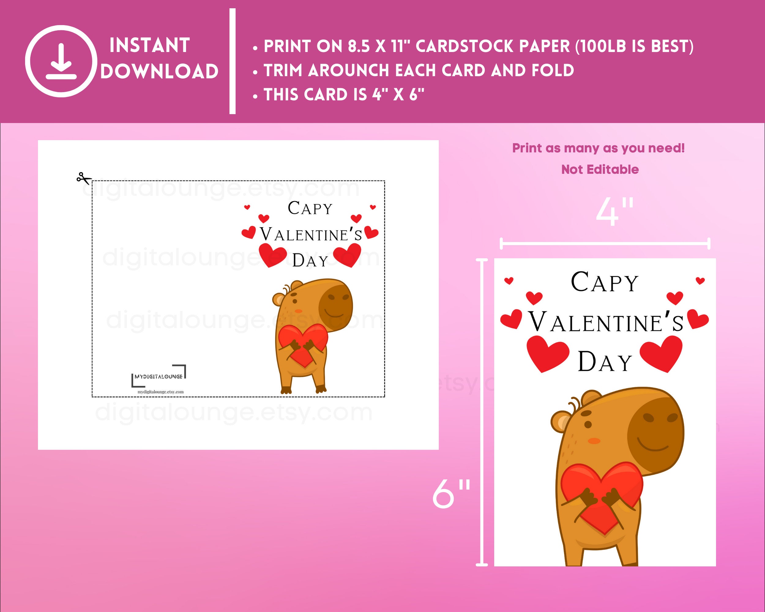 Printable Capybara Valentines Day Card Pack Funny Valentines Card ...