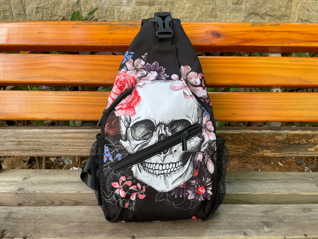 Skull Sling Bag, Floral Skull Sling Backpack, Crossbody Backpack Chest ...