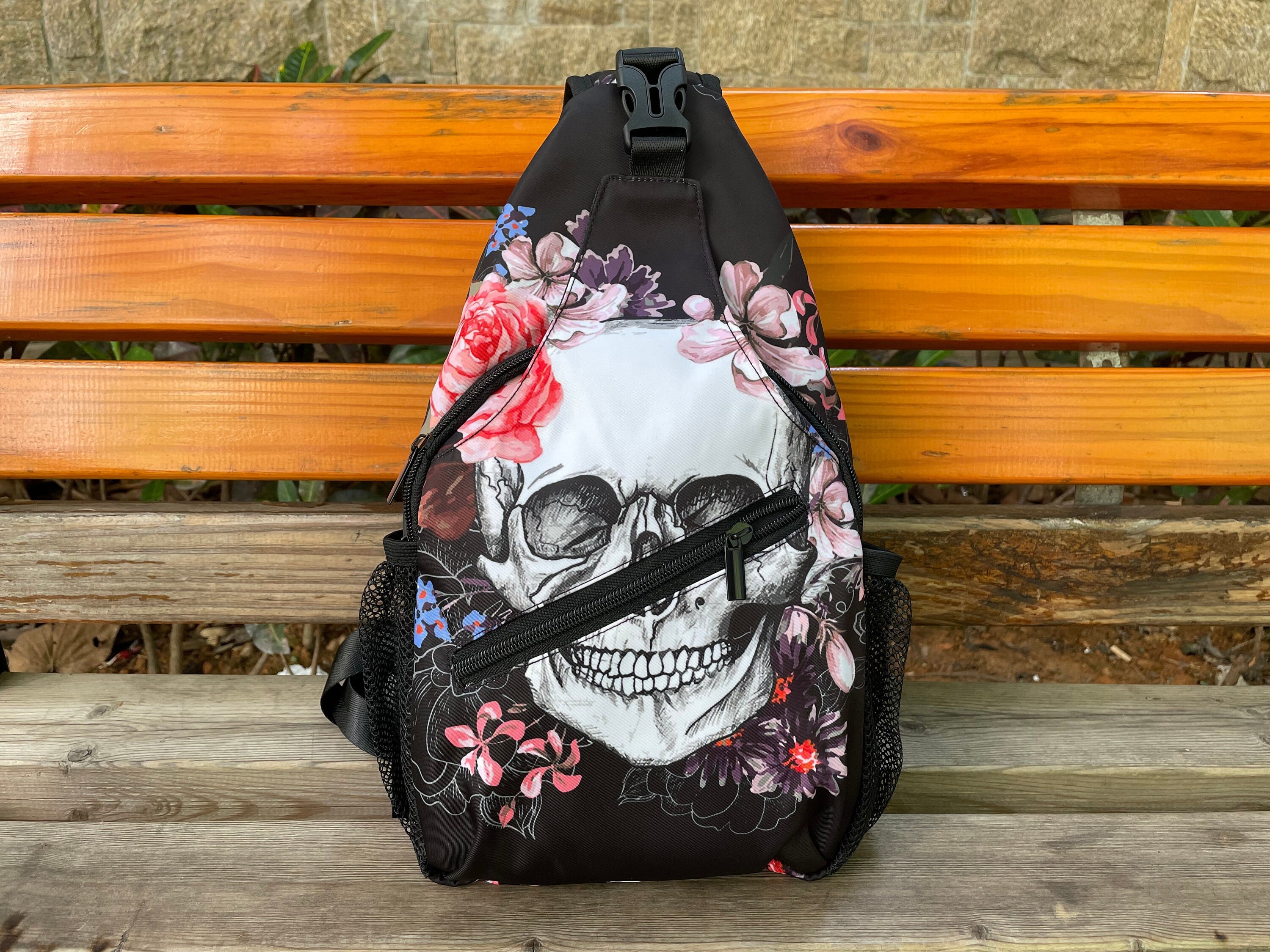 Skull Sling Bag, Floral Skull Sling Backpack, Crossbody Backpack Chest ...