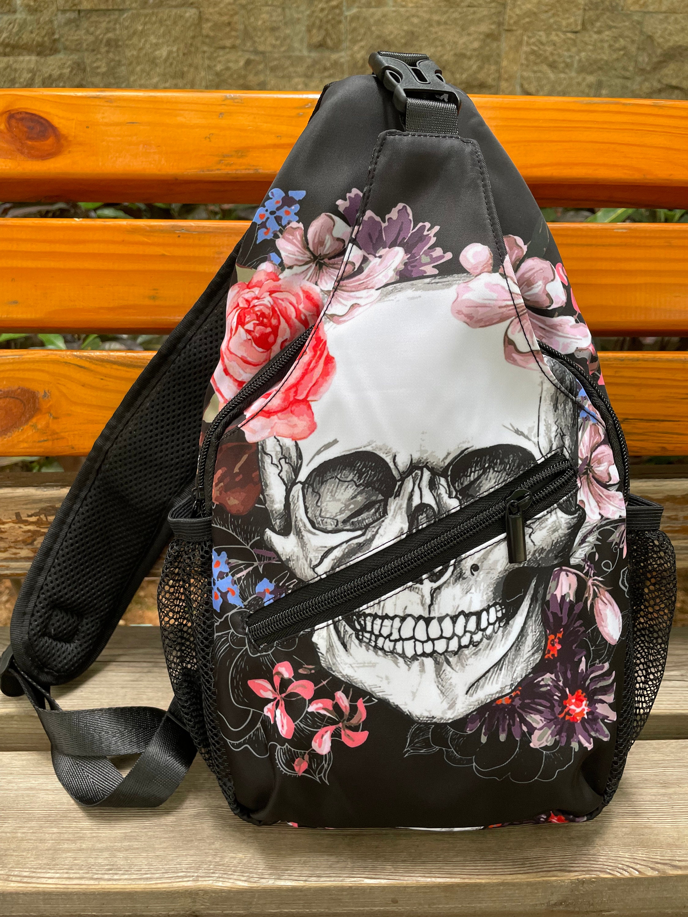 Skull Sling Bag, Floral Skull Sling Backpack, Crossbody Backpack Chest ...